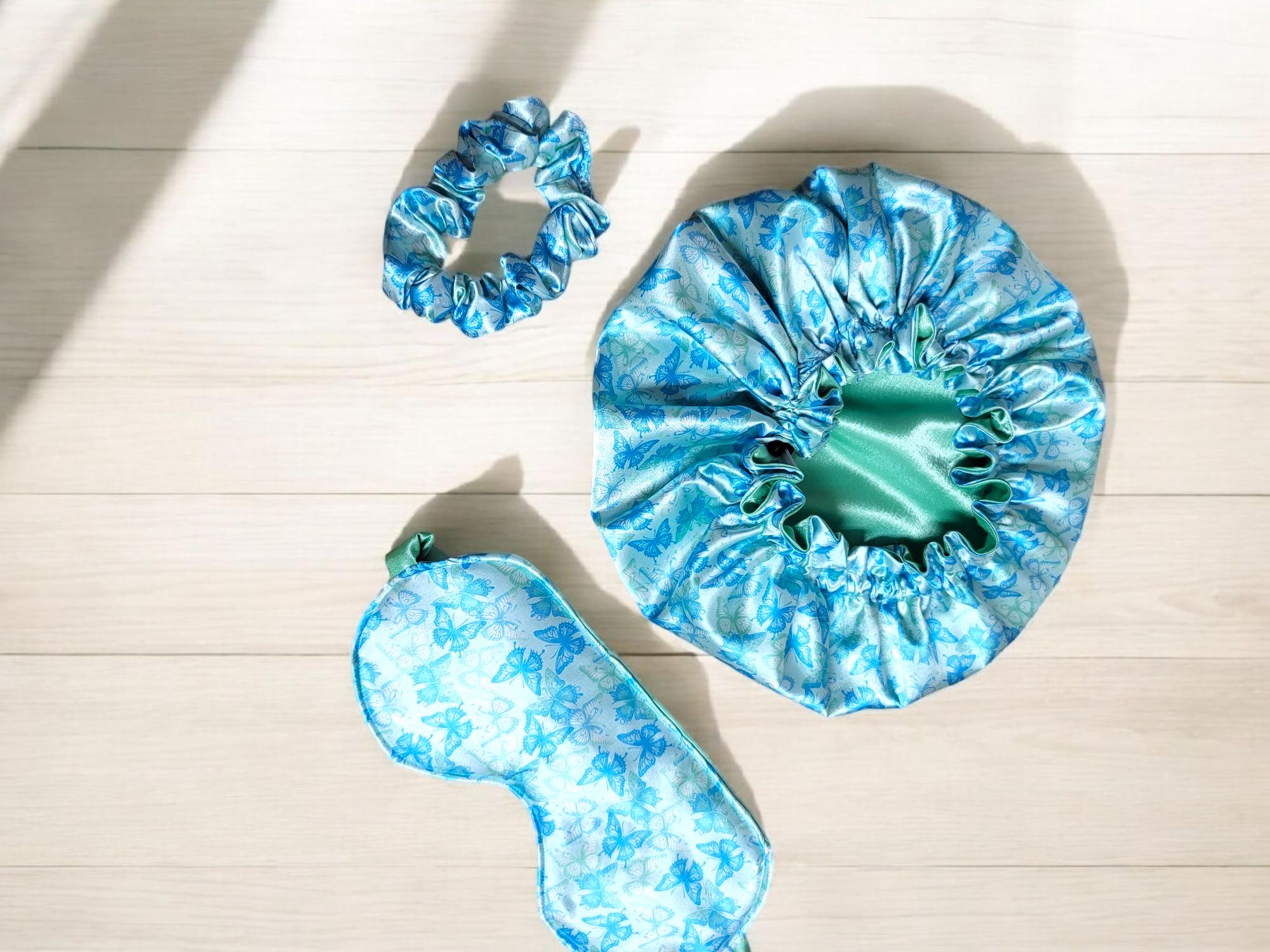 Blue Butterflies Set, Satin Adults Bonnets, Eye Mask, Scrunchy ...