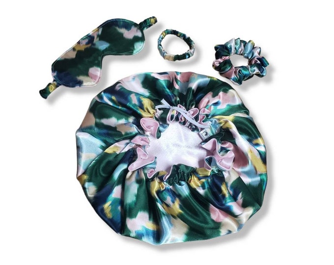 Floral Satin Set, Satin Adults Bonnets, Eye Mask, Scrunchy ,adjustable ...