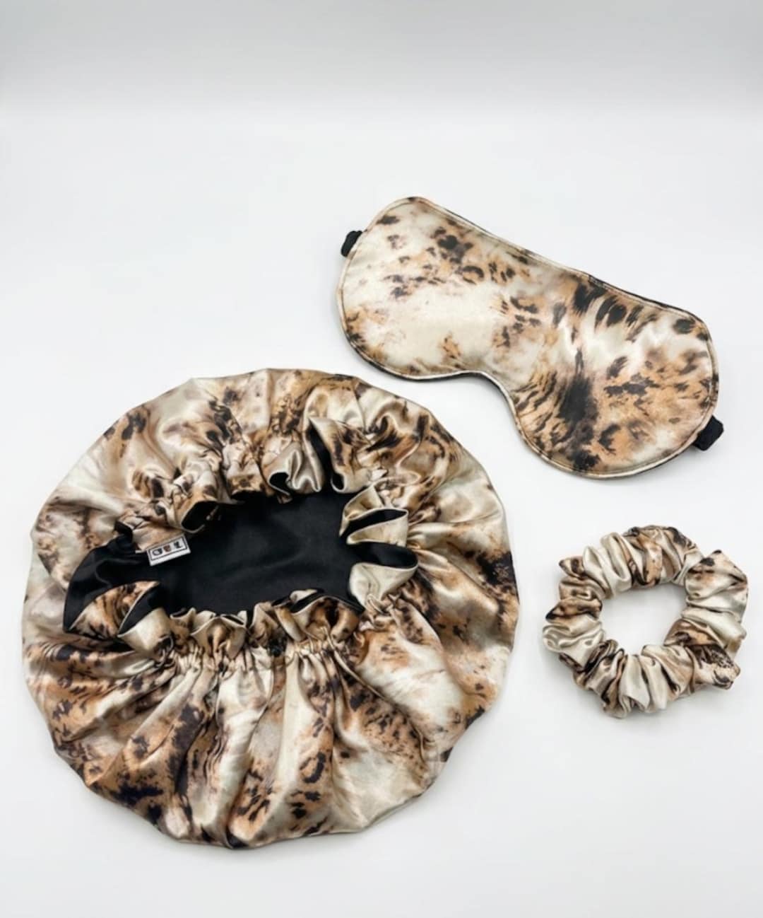 Leopard Print Set, Satin Adults Bonnets, Eye Mask, Scrunchy ,adjustable ...