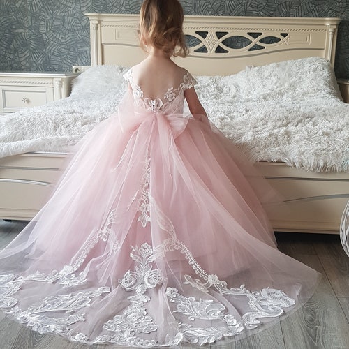 Dusty Rose Tulle Wedding Gown White Lace Flower Girl Dress Etsy