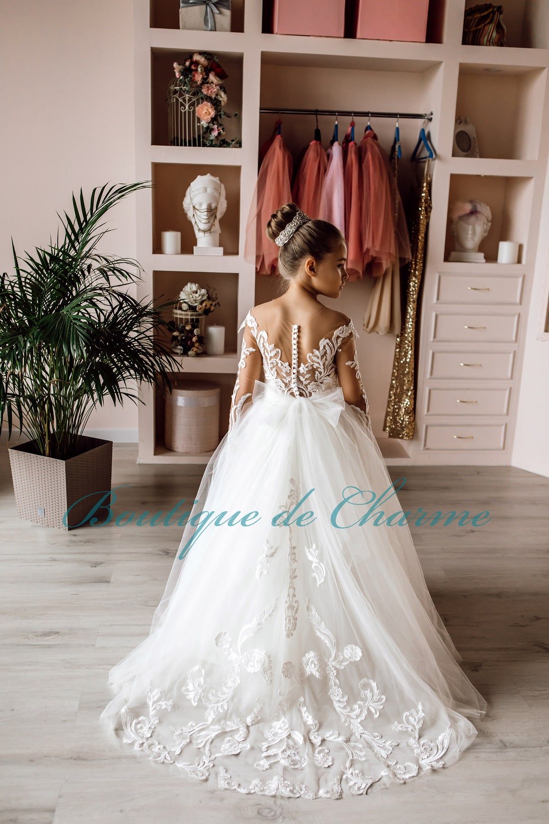 Long Sleeve Flower Girl Dress Lace Flower Girl Dress Ivory Tulle Flower Girl Dress First