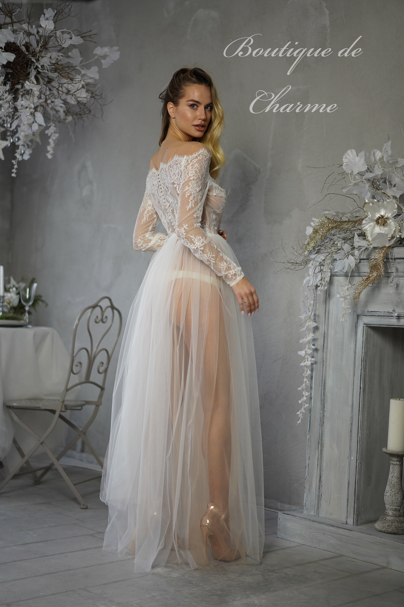 Lace Boudoir Robe Getting Ready Dress off Shoulder Wedding - Etsy