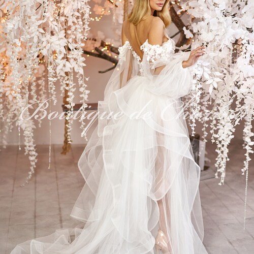 Sheer Wedding Dress Tulle Robe Lace Wedding Dress Bridal - Etsy