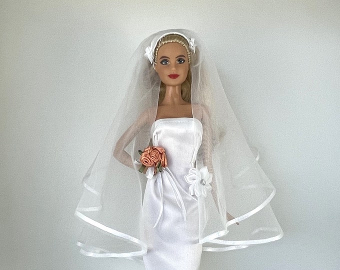 Handmade Fashion Doll Wedding Dress: White Crepe Satin Gown With Veil ...