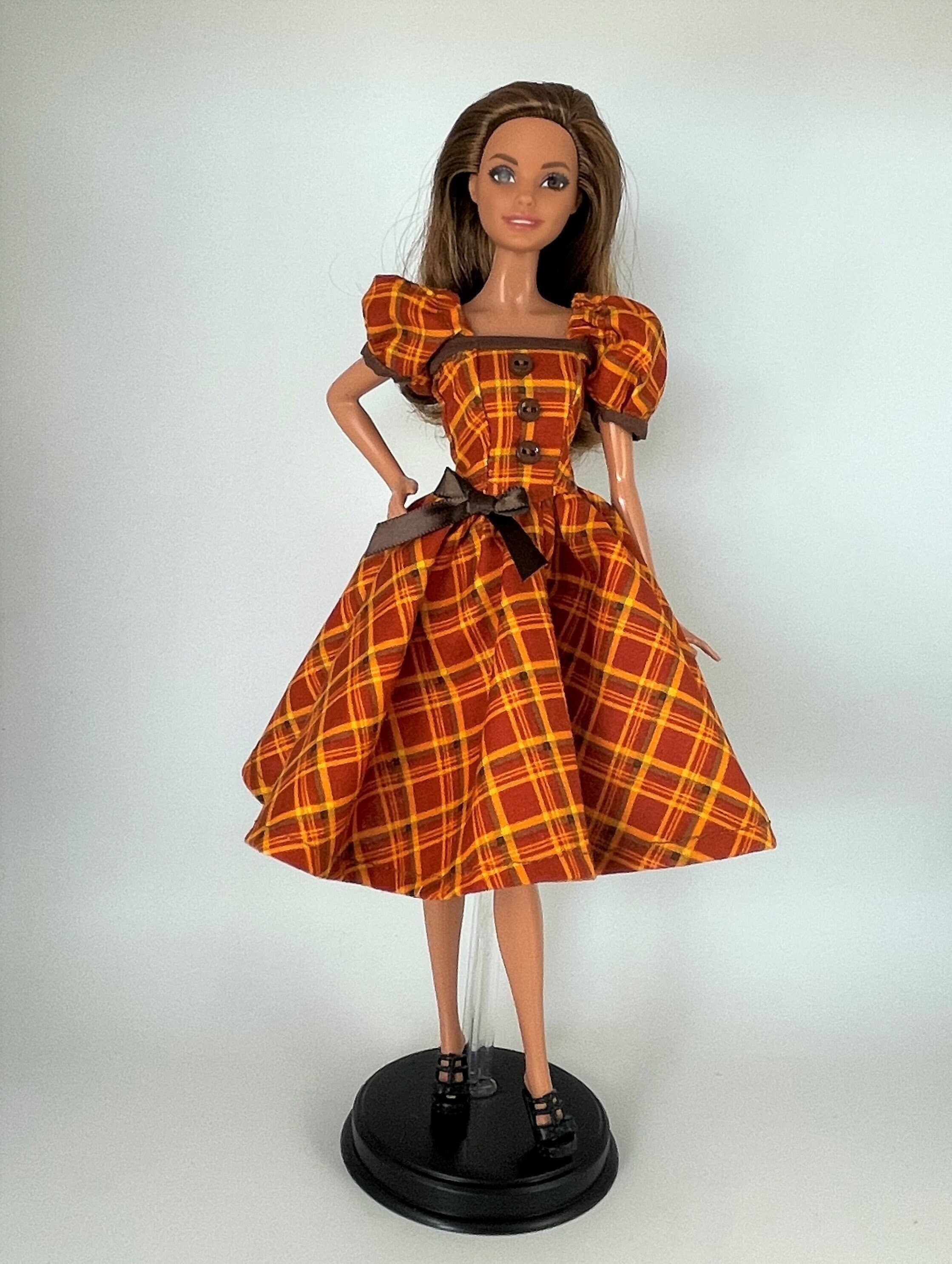 Barbie Brown and Burnt Orange Pattern Dress with Puff Sleeves Doll ...