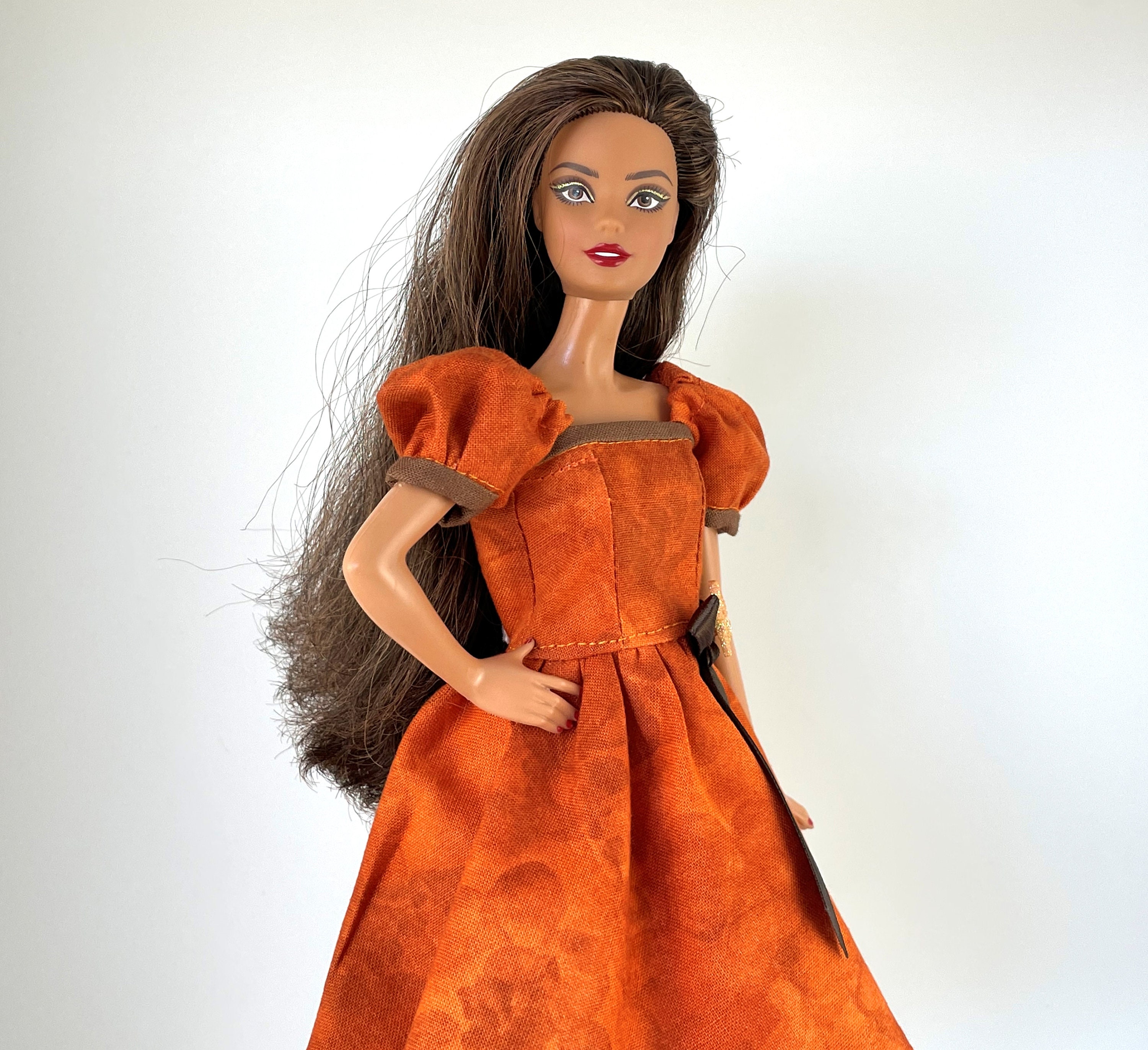 Barbie Brown and Burnt Orange Pattern Dress with Puff Sleeves Doll ...