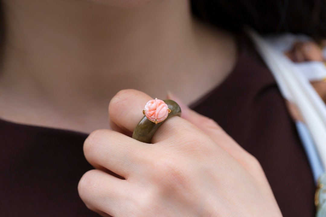 Pink Coral Brown Jade Ring Jade Ring Stone Jewelry Korea Hanbok Ring ...