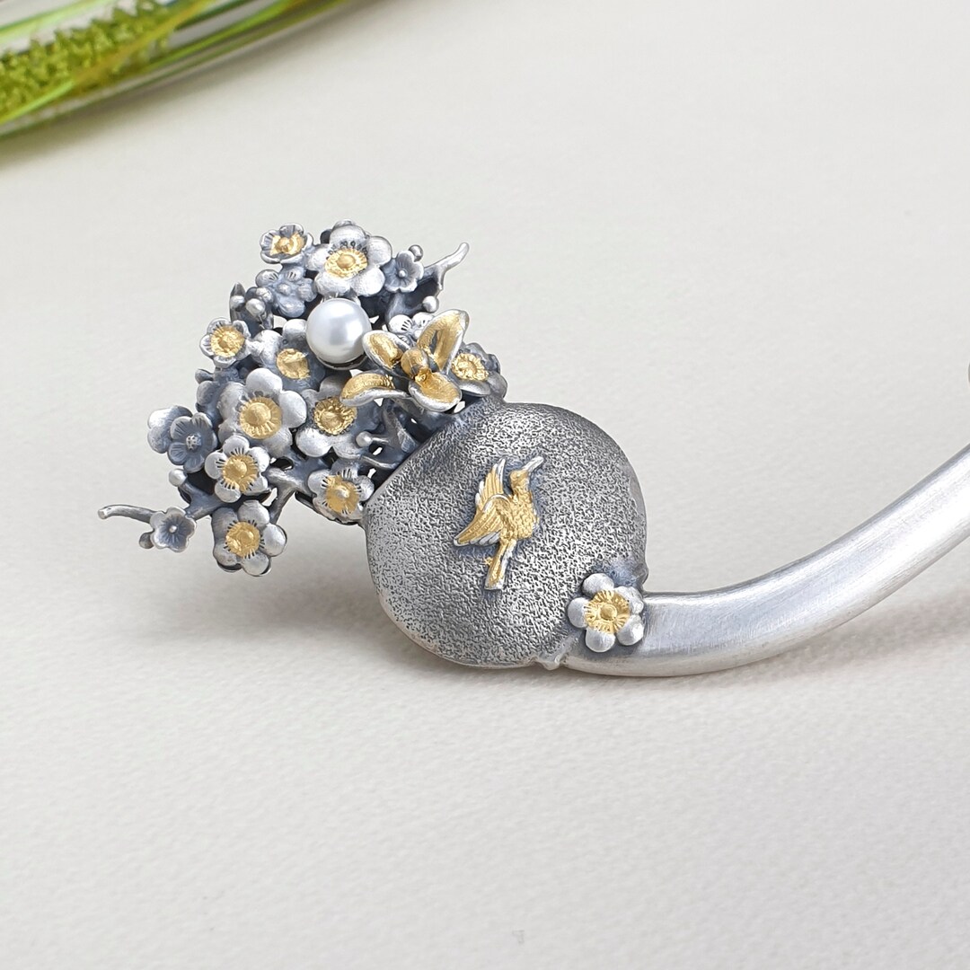 Silver Bineyo Traditional Korean Hanbok Long Handmade Hair Stick Pins ...