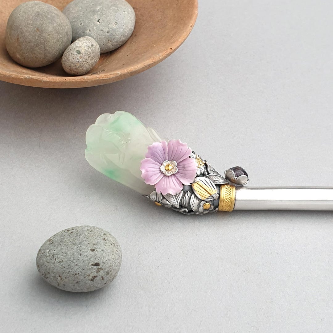 Korean Binyeo Jade Silver Hair Stick | NASCHENKA Handmade Traditional ...