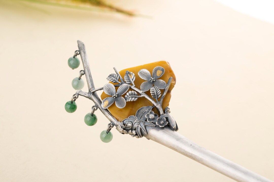 Sterling Silver Binyeo Hairpin – Amber, Jade, Floral Branch Design ...