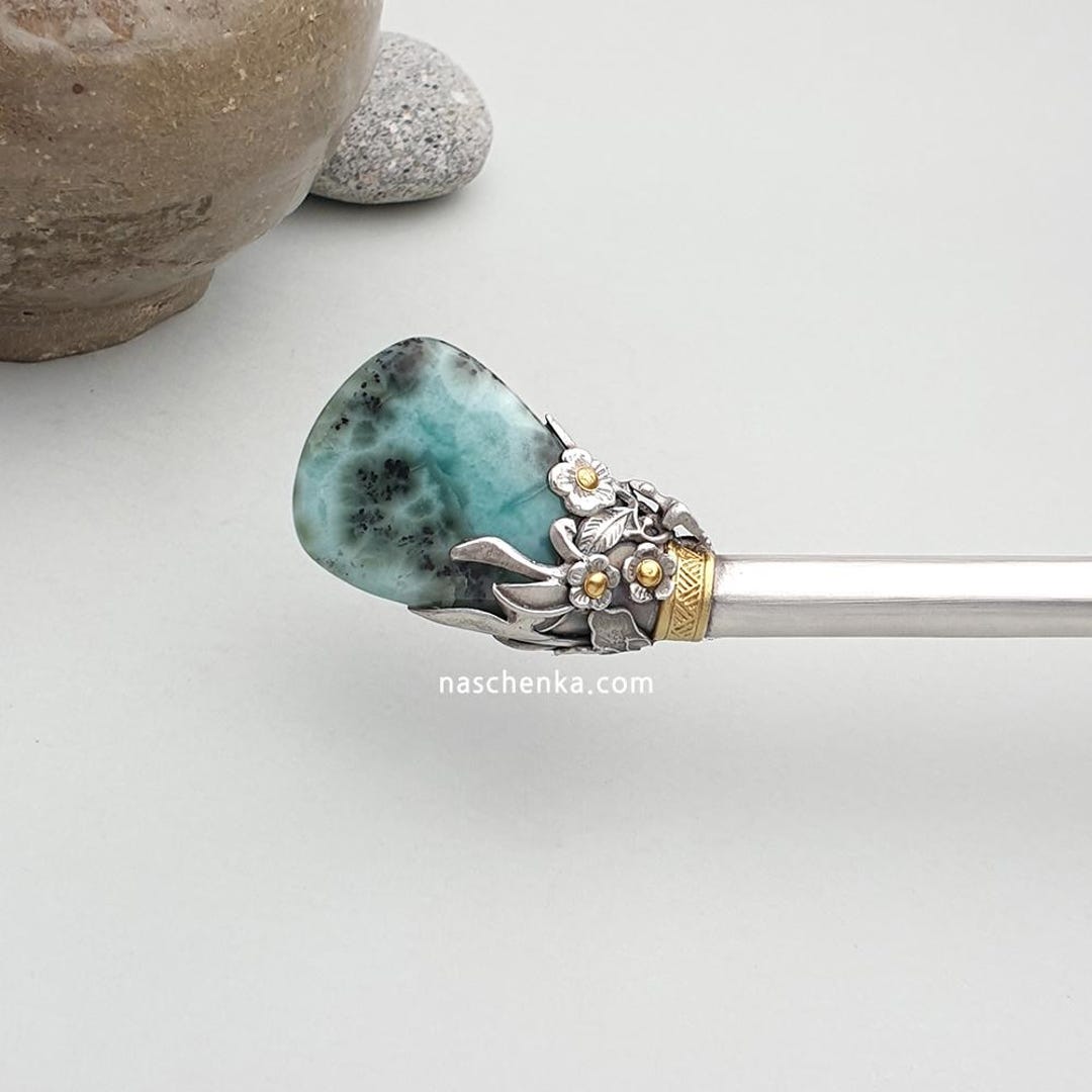 Larimar Hair Stick Silver 비녀 Seoul NASCHENKA Traditional Korean Hanbok ...