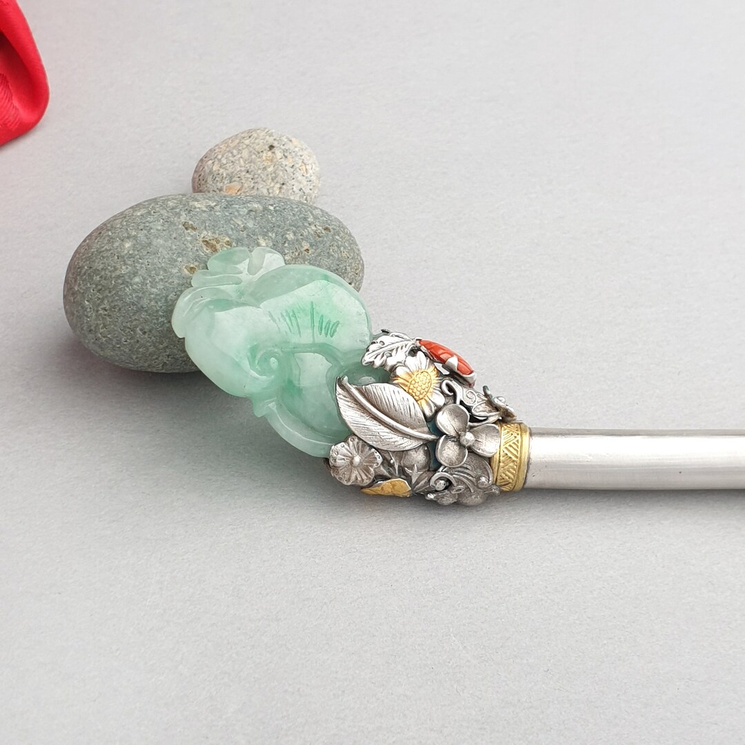Binyeo 비녀 Natural Jade and Coral Hairpin Korean Hair Pin Jade Binyeo 비녀 ...