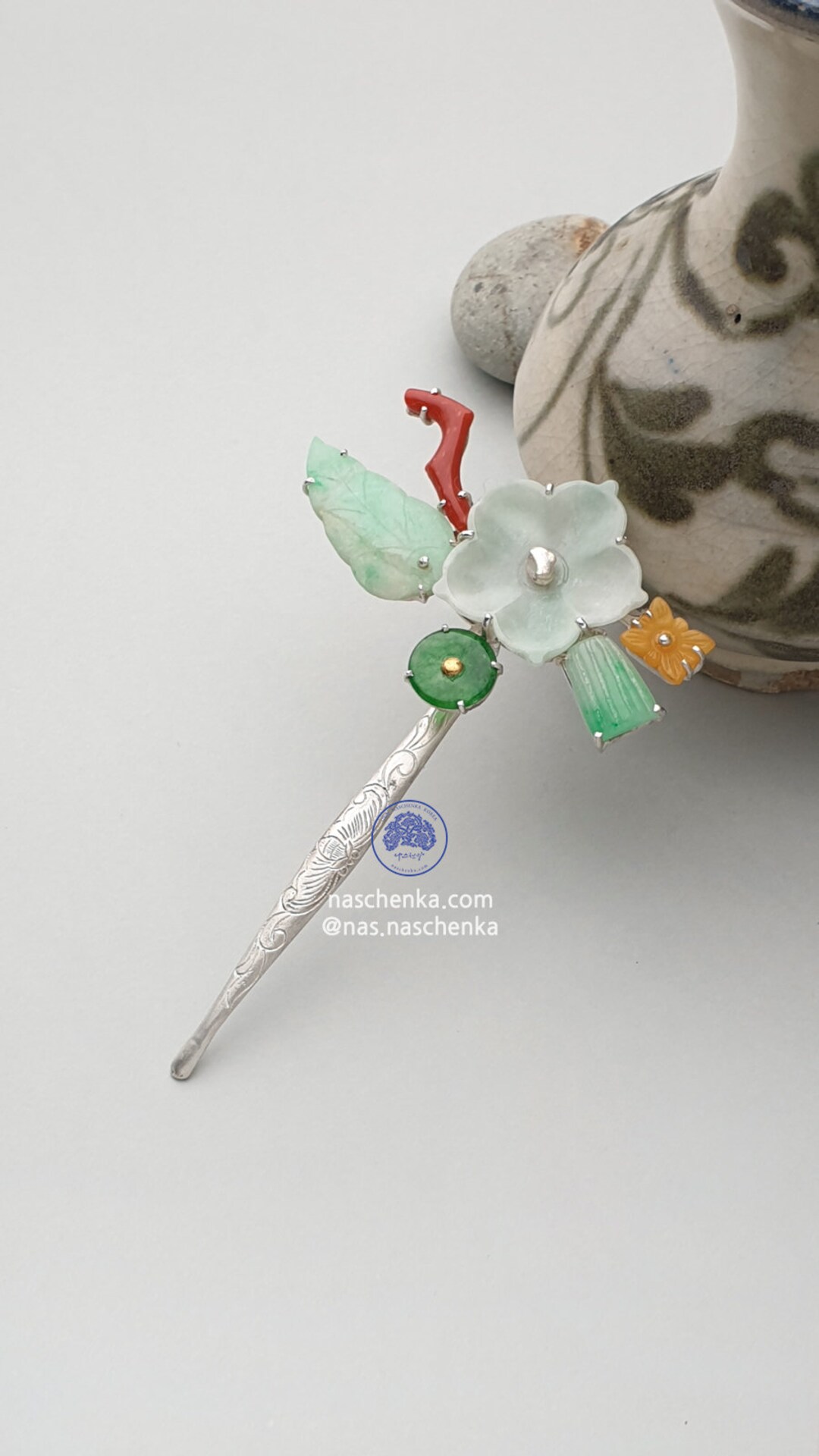 Natural Coral and Gemstones Korean Hair Pin - Traditional Korean Hanbok ...