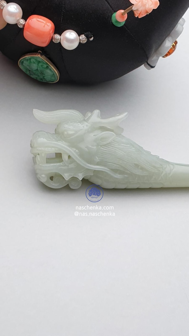 Dragon Handcrafted White Jade Binyeo 비녀 Exquisite Hand-carved Jade ...