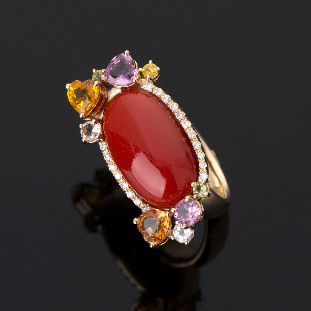 Red Coral Ring, 14K Gold Coral Ring Gold, Red Coral Ring, Sapphire and ...