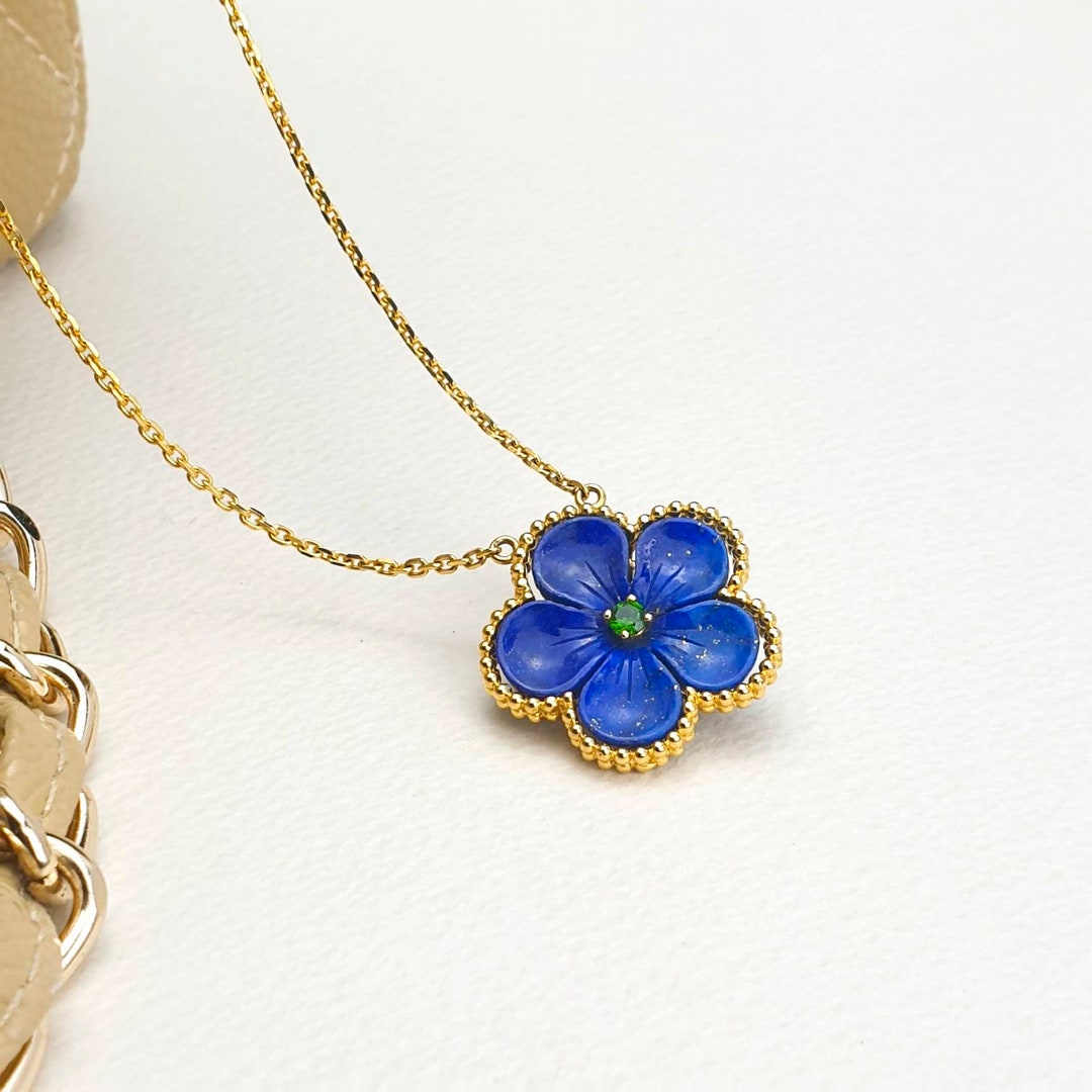Handmade Lapis Lazuli Flower Necklace, Sterling Silver Korean Jewelry ...