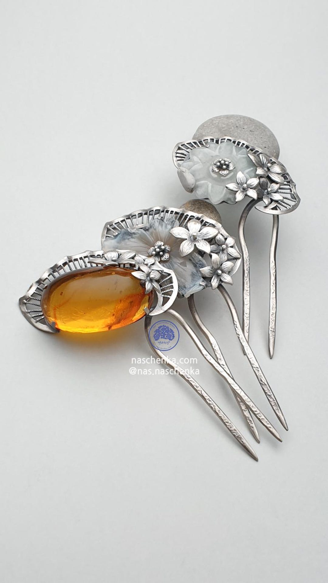 Korean Hair Pin Sterling Silver Hair Forks With Amber & Agate, Floral ...