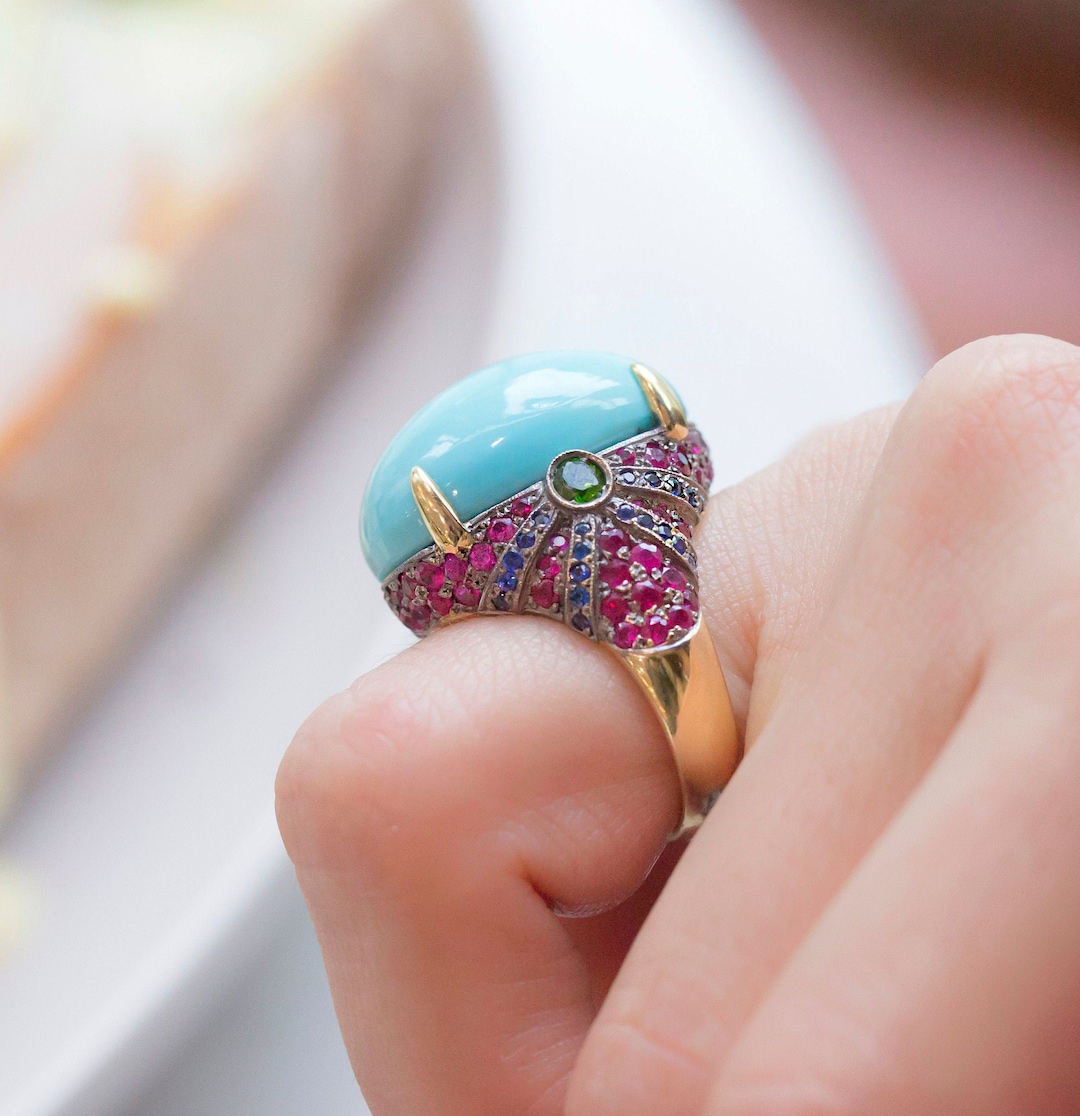 Seoul Turquoise Ring Gold , Genuine Large Turquoise Ring , Gold ...