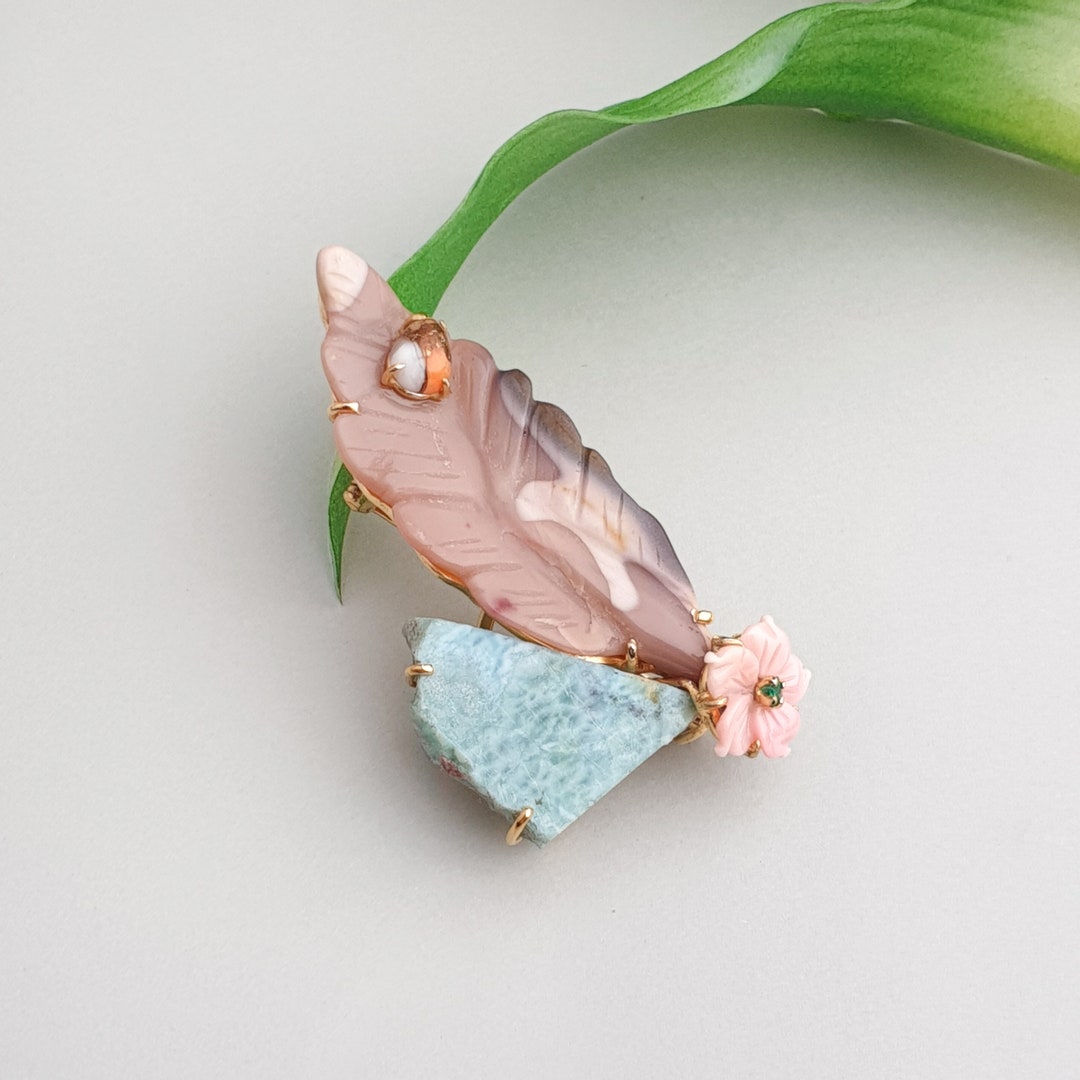 Natural Coral Conch Shell Jasper Brooch, Agate Flower Brooch Pendant ...