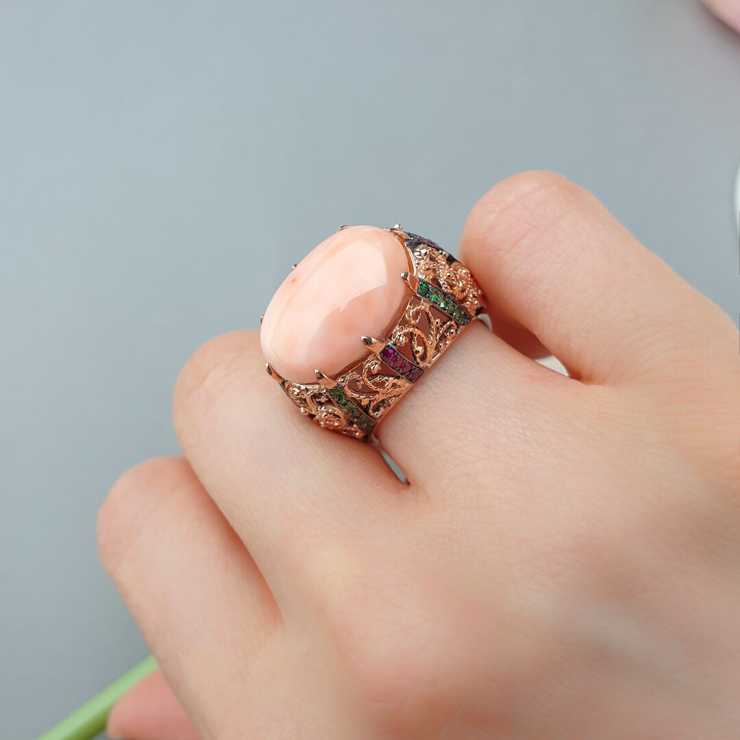 Seoul Traditional Korean Accessories Pink Coral Ring Gold, Pink Coral ...