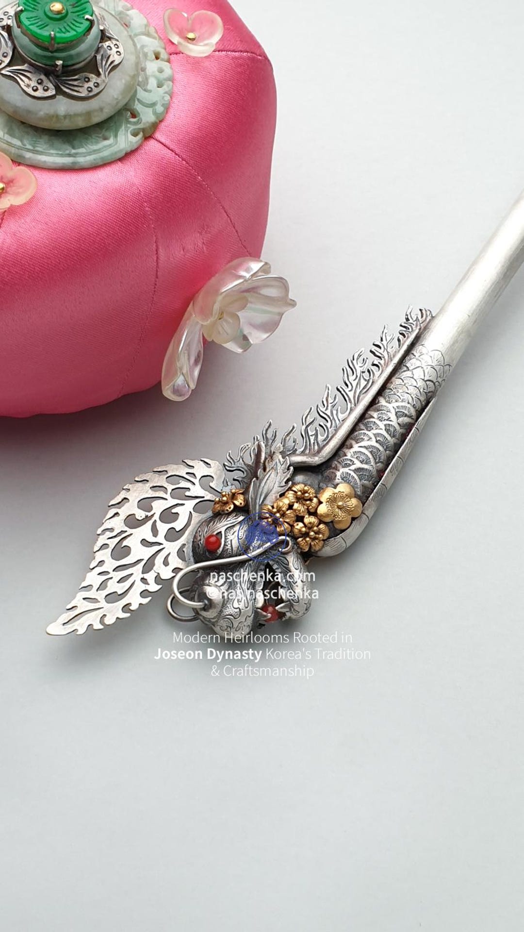 NASCHENKA Peony Dragon Binyeo | Sterling Silver & Gold-tone Traditional ...