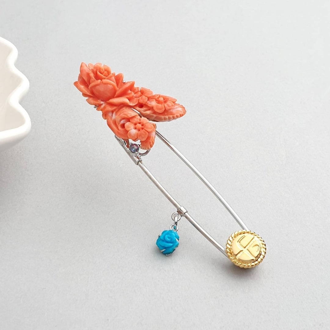 Seoul Traditional Korean Accessories Coral Brooch Safety Pin Silver ...