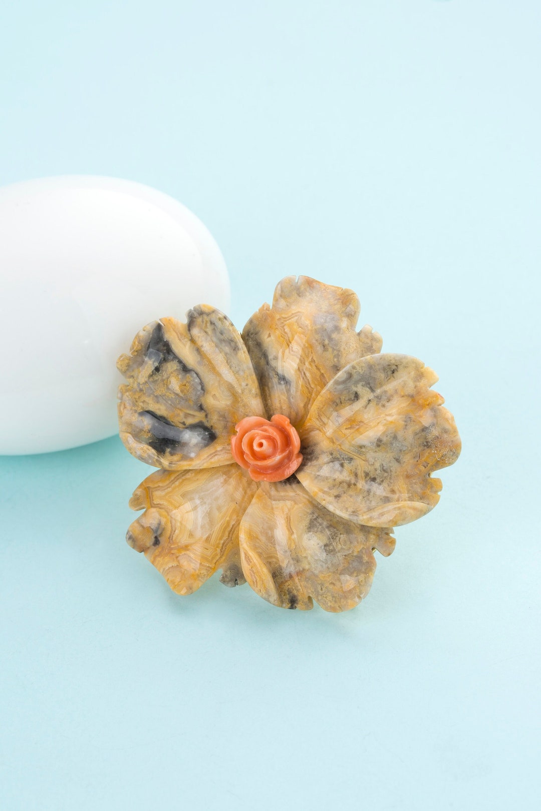 Natural Coral and Quartz Seoul Natural Gemstone Silver Brooch ...