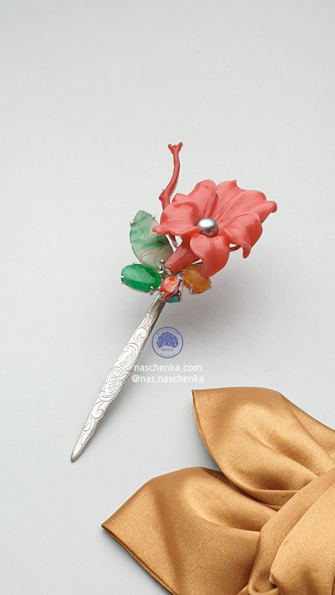 Natural Coral and Gemstones Korean Hair Pin - Traditional Korean Hanbok ...