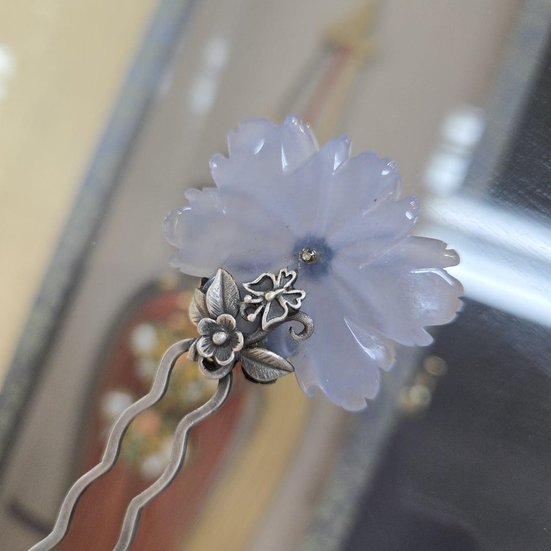Korean Hair Pin Blue Agate Flower Hair Pin, Sterling Silver Accessory ...
