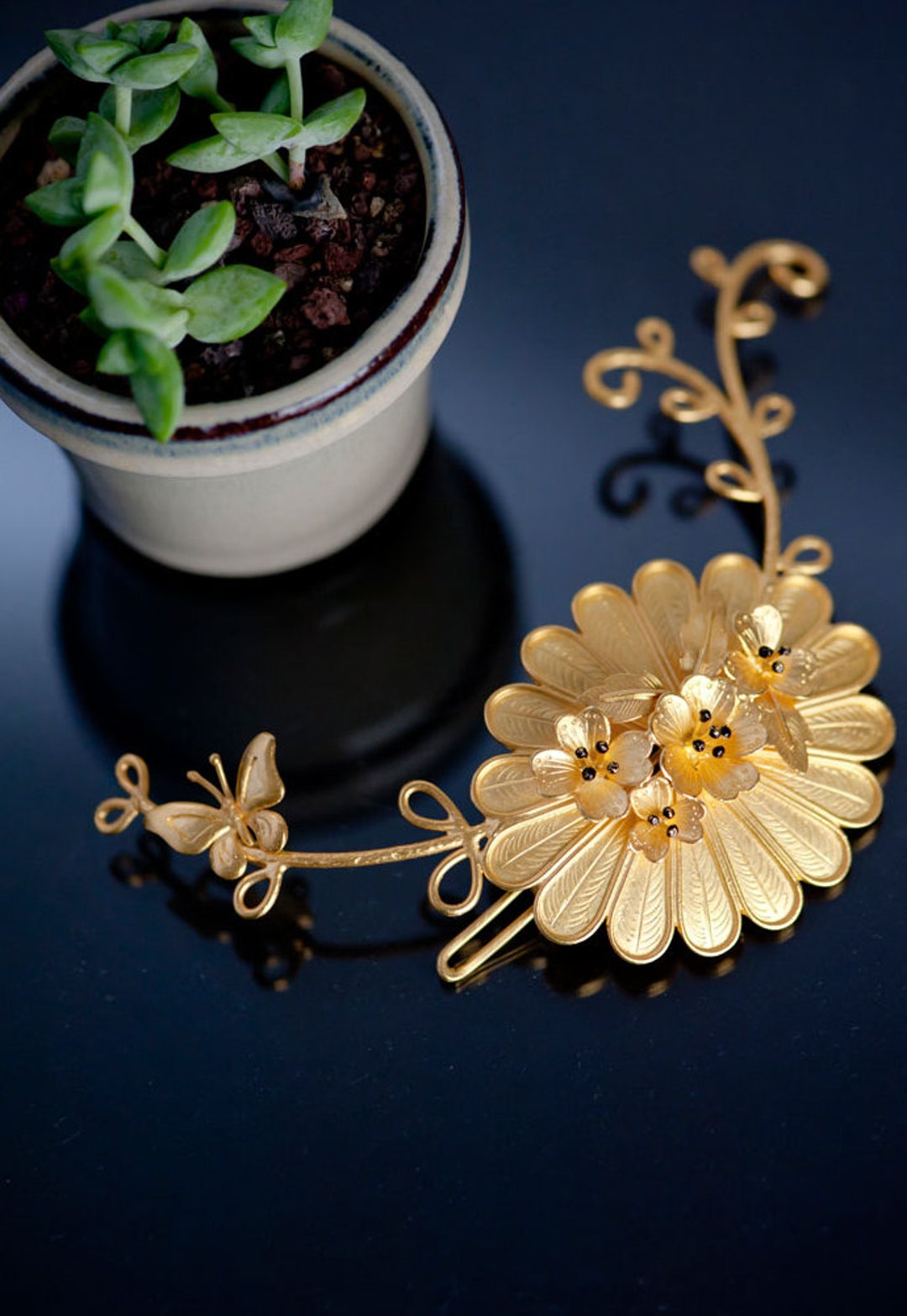 Korean Hair Pin Gold Flower Hair Clip With Butterfly, Floral Accessory ...
