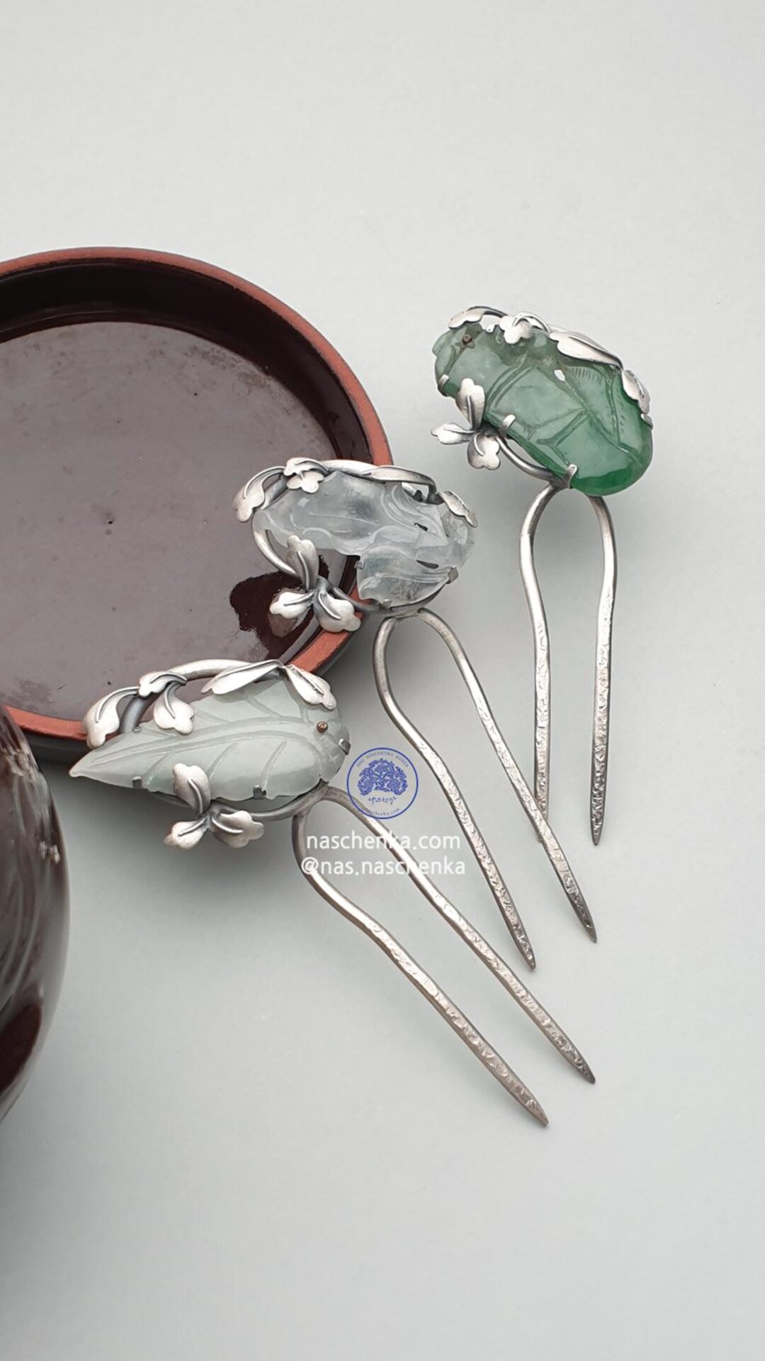 Korean Hair Pin Sterling Silver Hair Pin With Carved Stone Leaf ...