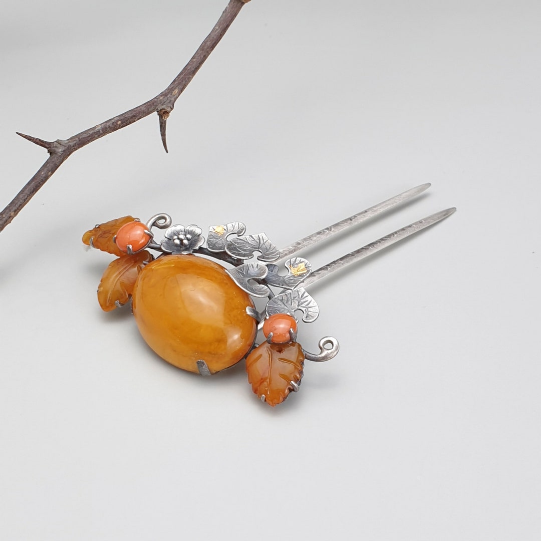 Vintage Sterling Silver Hair Pin With Amber and Coral - Etsy
