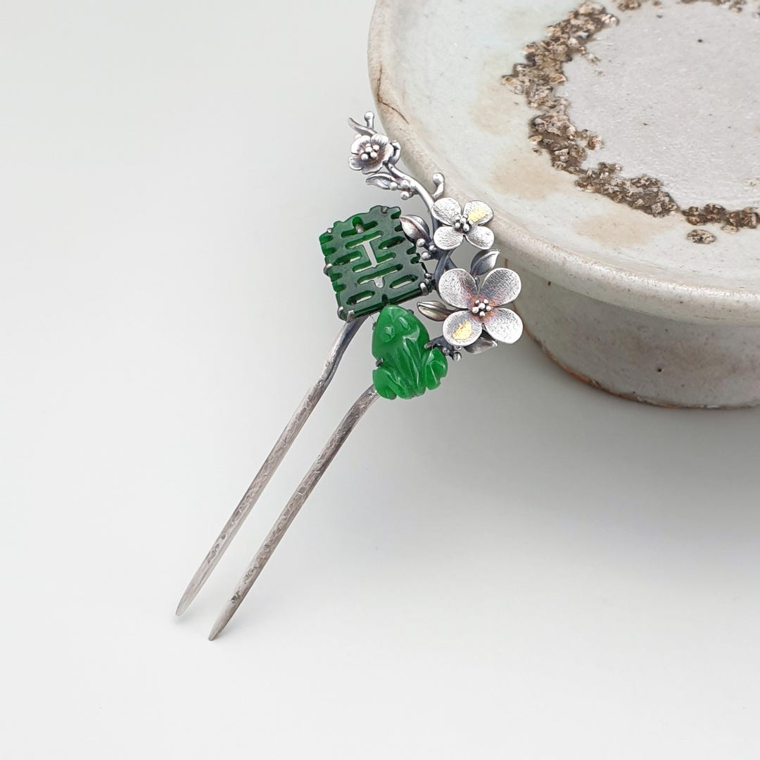 Vintage Sterling Silver Hair Pin With Jade Frog & Flowers, Chinese Hair ...