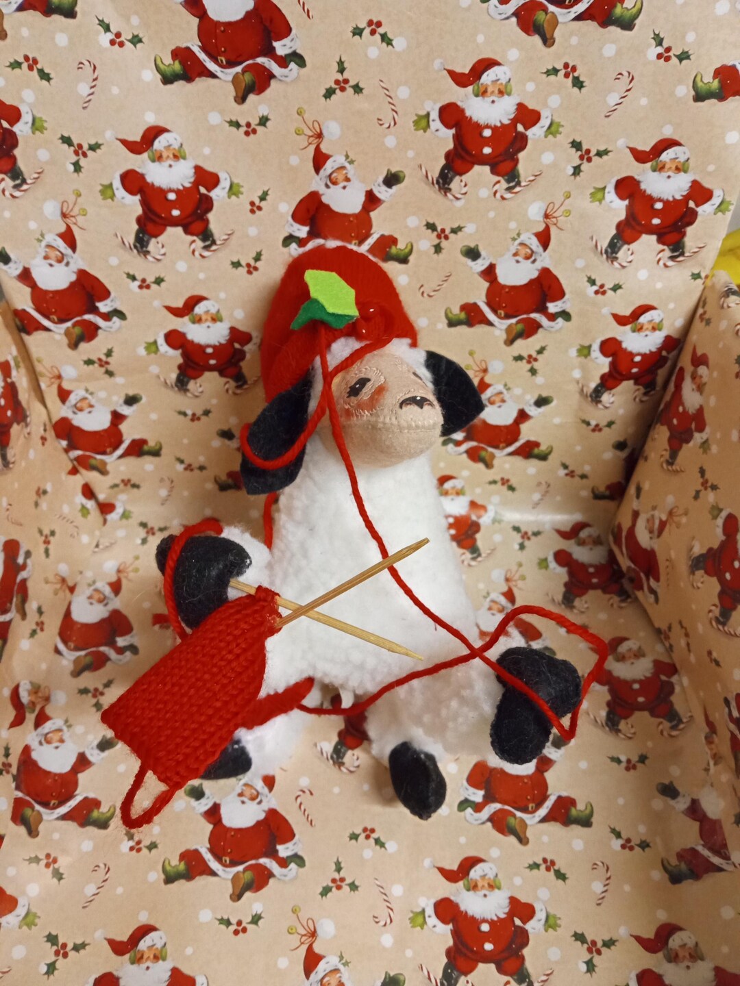 Anna Lee Black & White Christmas Lamb, Sheep Knitting W/ Red Yarn ...