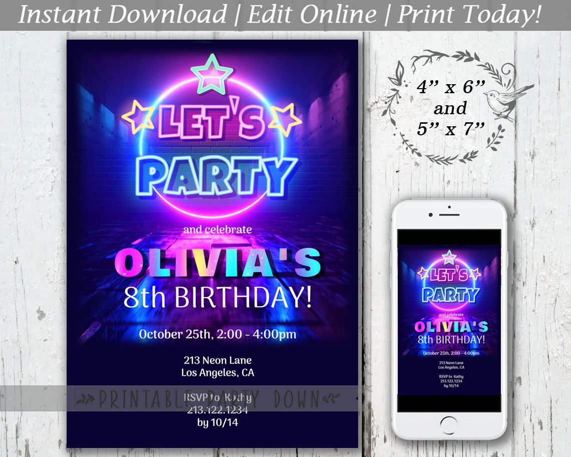 Glow Party Invitation | Neon Birthday Party Invite | Editable ...