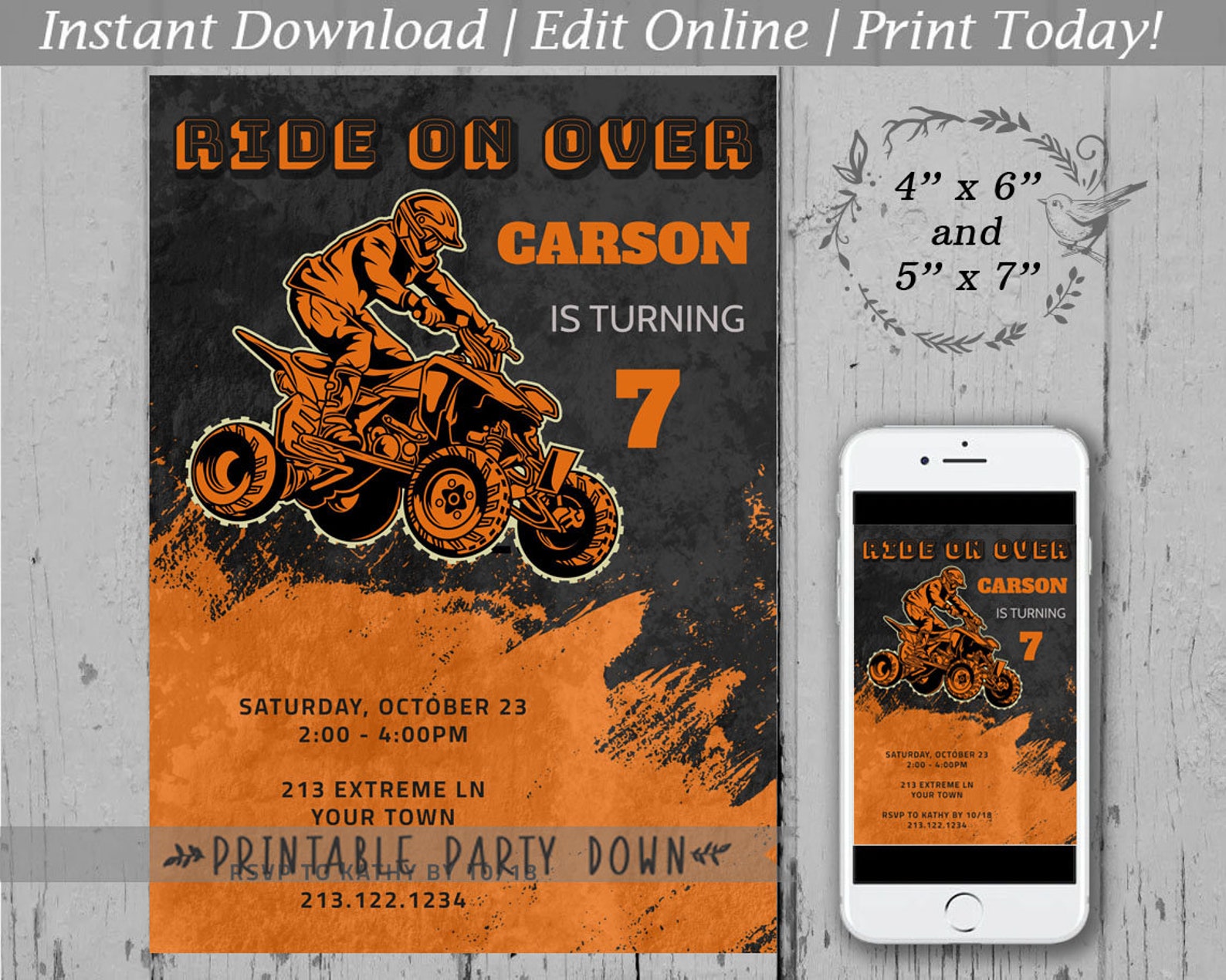 ATV Birthday Party Invite: Orange & Black, Editable Template (digital ...