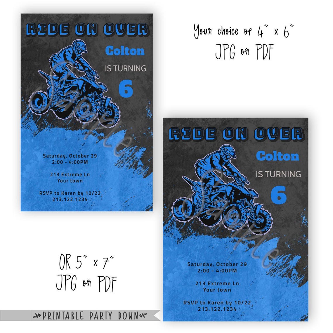 Quad Invitation Template | ATV Party Blue Black Quad Birthday Customize ...