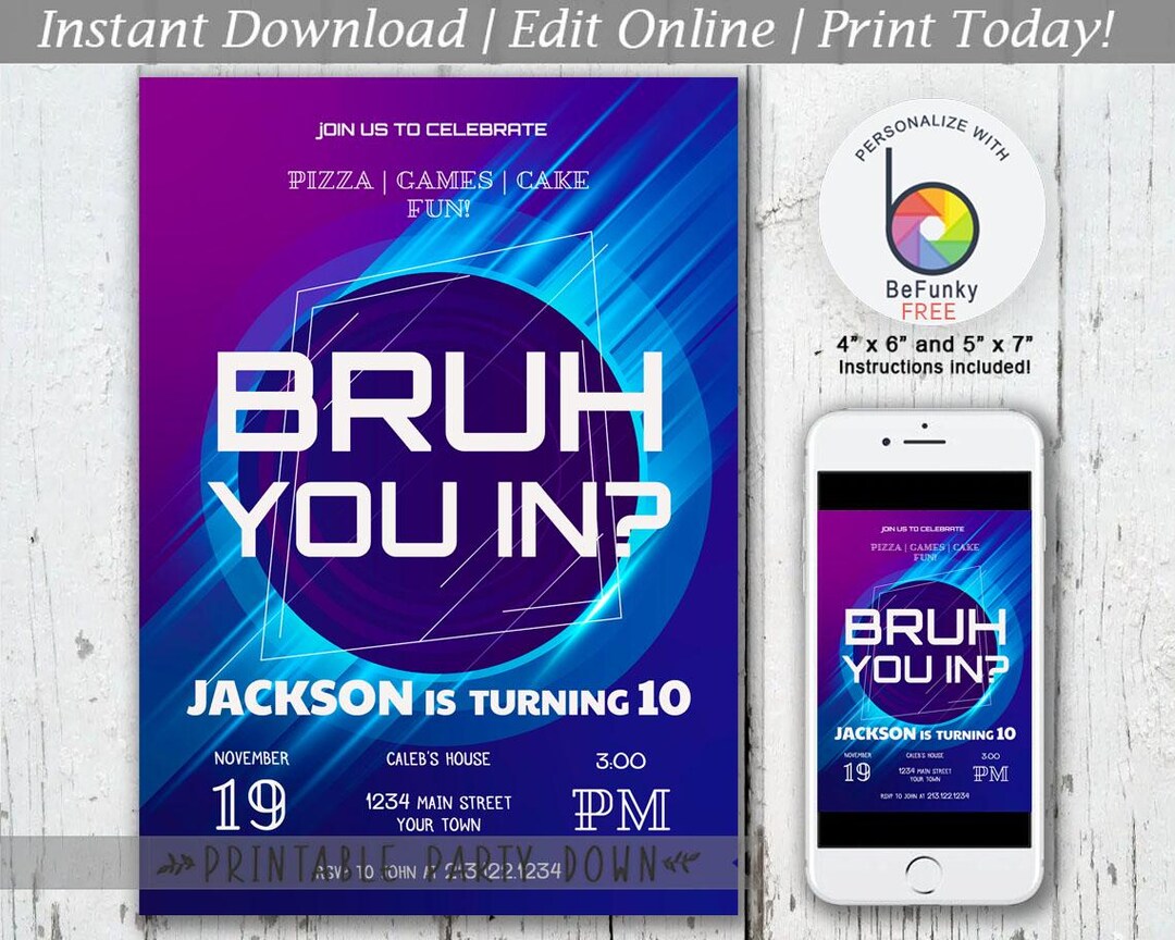 Bruh Birthday Invite | Boy Birthday Editable Template Printable ...