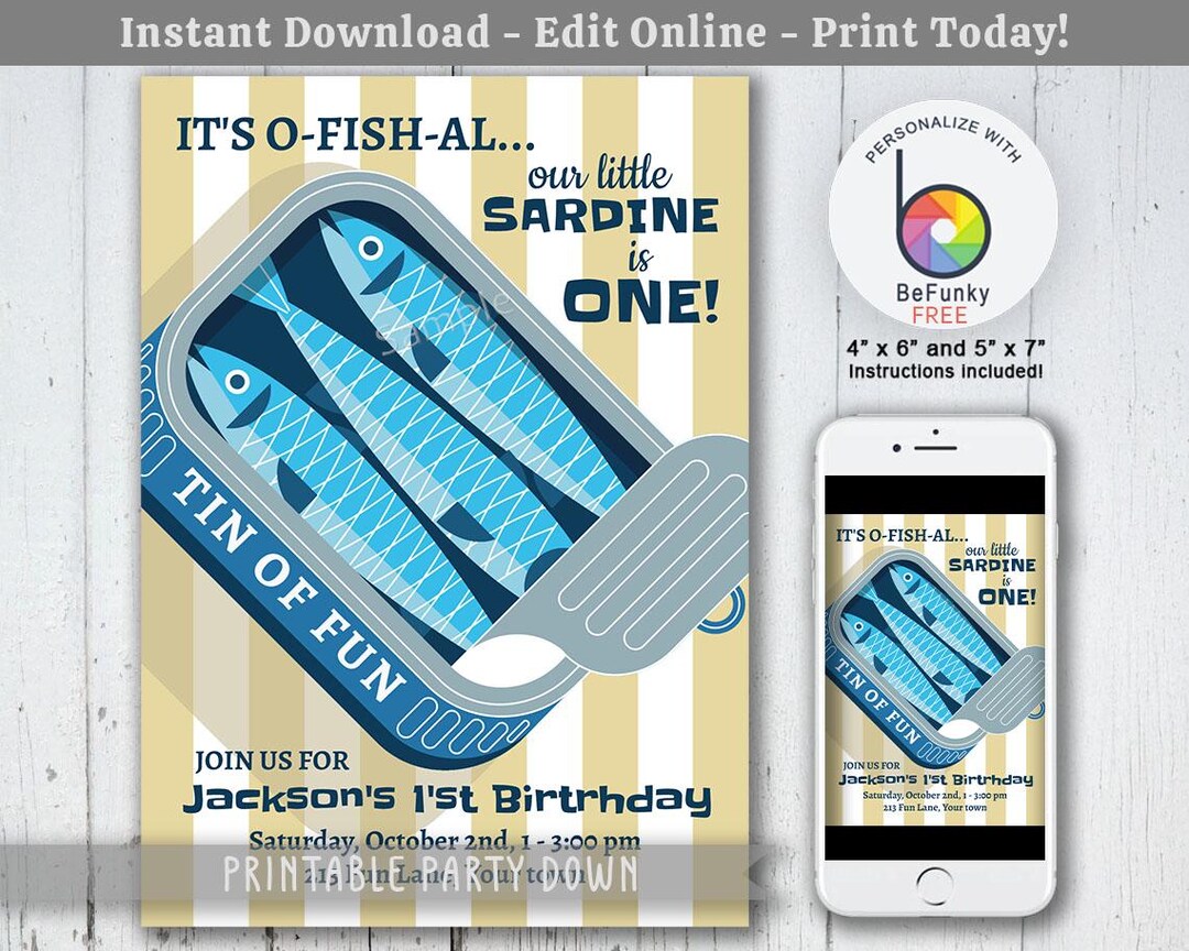 Sardine Birthday Party Invitation: 1st Birthday Boy Editable Template ...