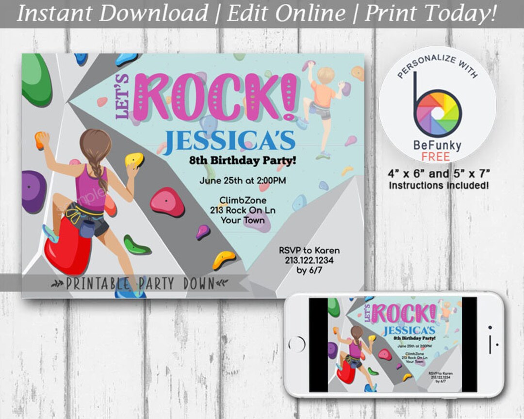 Rock Climbing Party Invite | Girl Let's Rock Birthday Customize ...