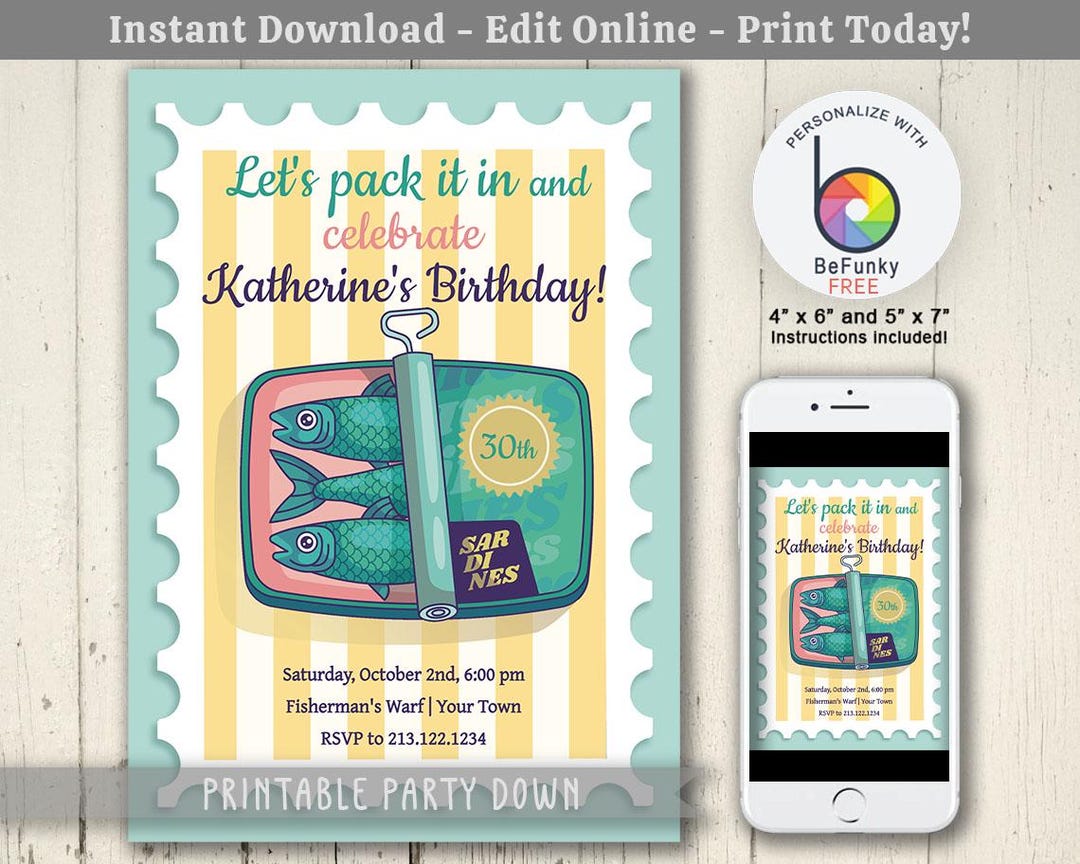 Can Sardine Birthday Party Invitation: Shower Editable Party Template ...