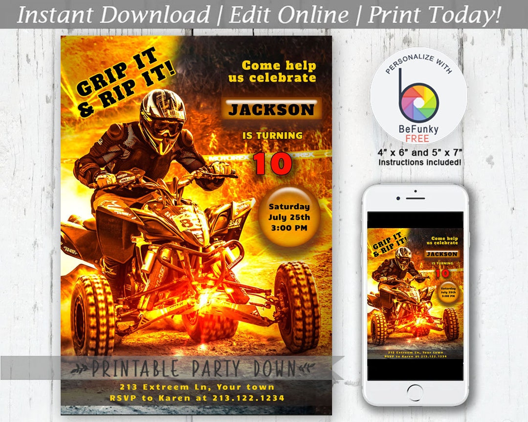 Four Wheel Quad ATV Party Invite | Orange Quad Birthday Customize ...