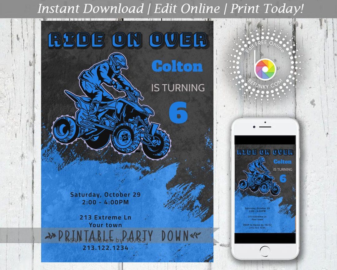Quad Invitation Template | ATV Party Blue Black Quad Birthday Customize ...