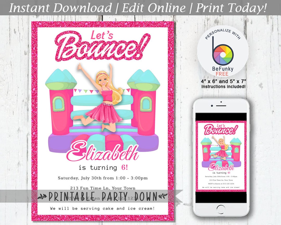 Pink Doll Bounce House Birthday Invitation Template (digital Download ...