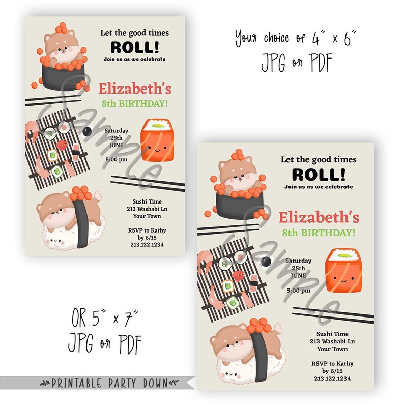 Sushi Party Invite | Cute Puppy Rolls Birthday Customize Template ...