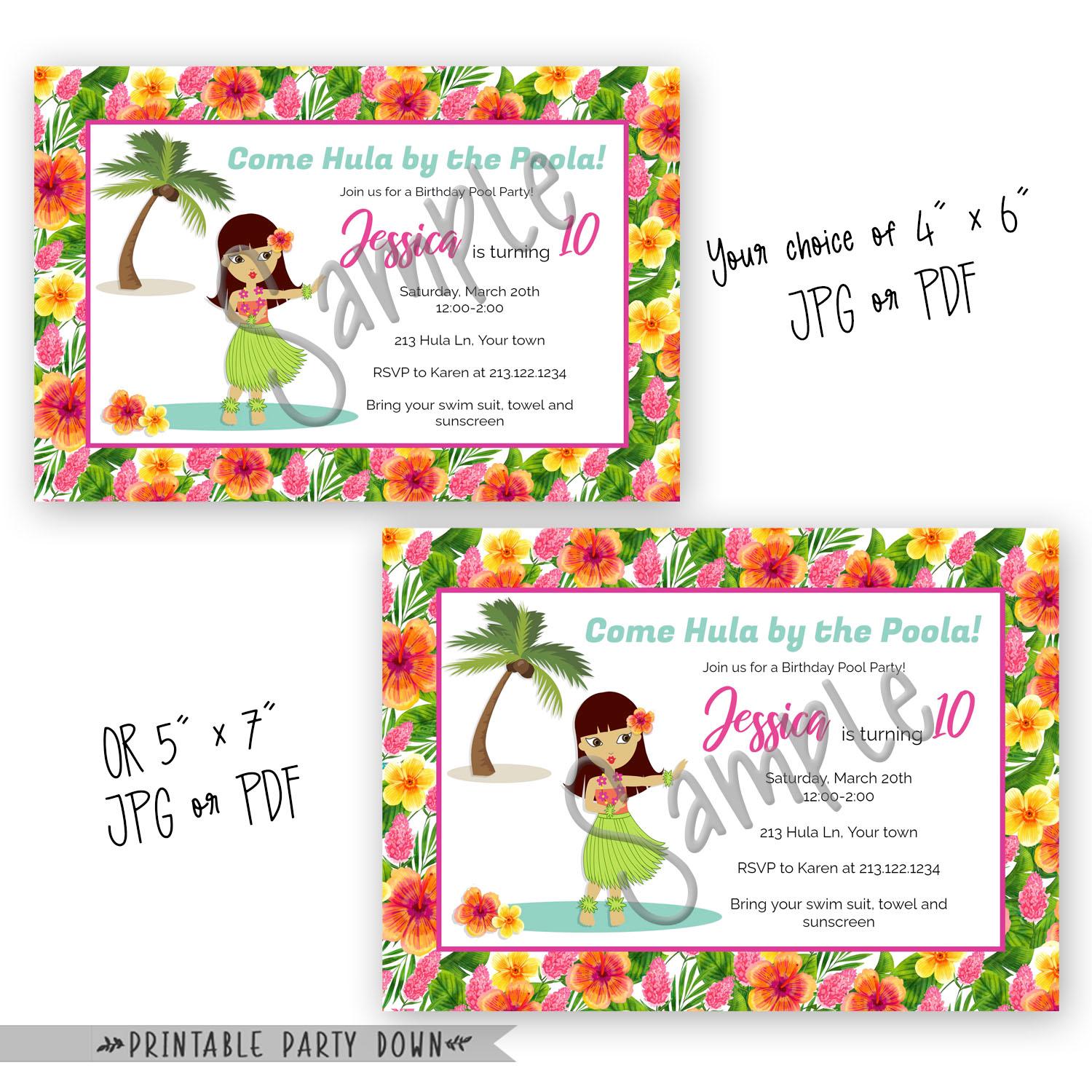 Hula Birthday Pool Party Invite Hawaiian Luau Birthday Customize ...
