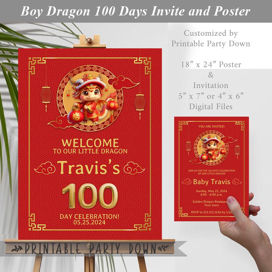 Cute Boy Dragon 100 Days Invitation | Baby Dragon 100 Days Poster ...