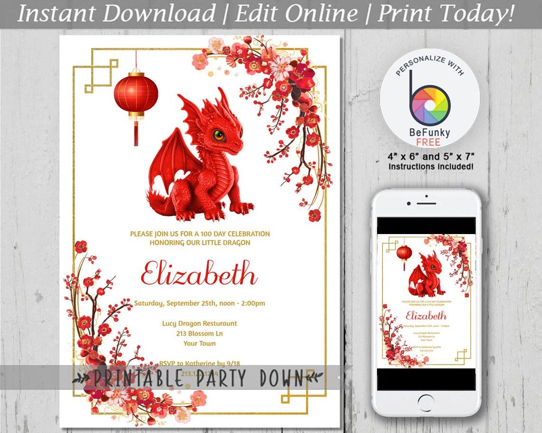 Dragon 100 Days Invitation Chinese Baby Shower Invite Digital Editable ...