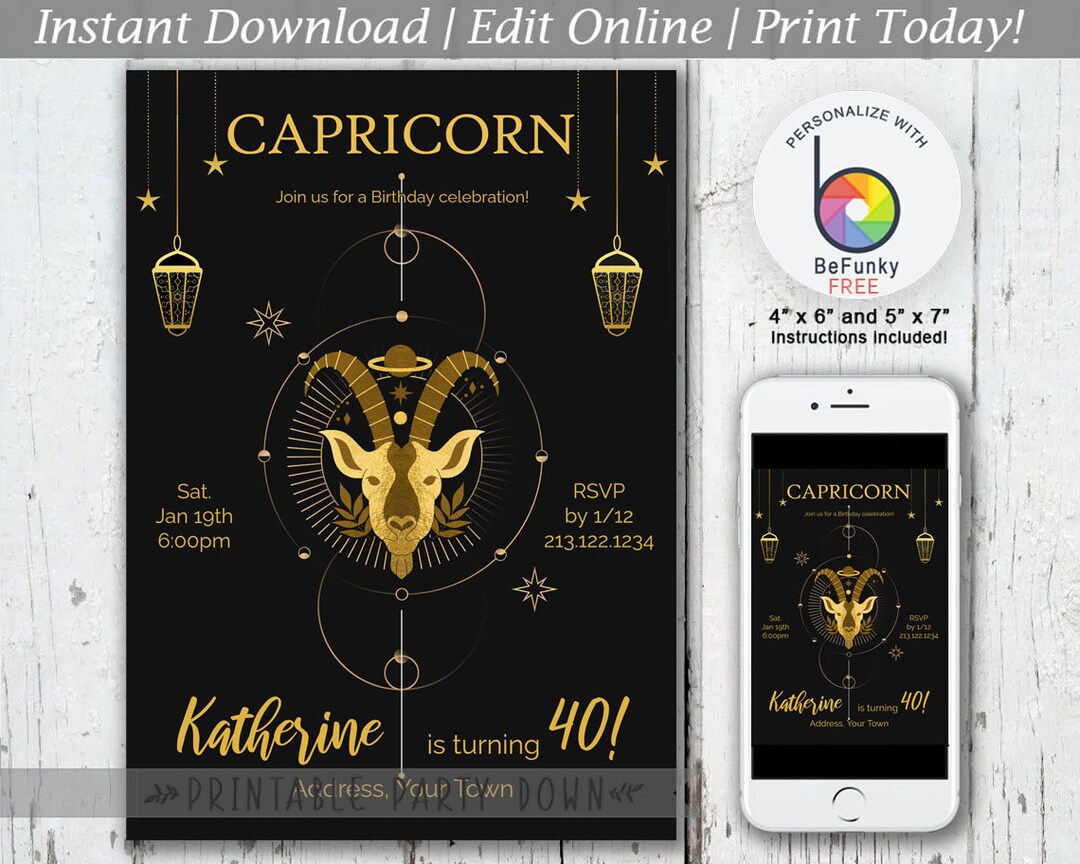 Zodiac Capricorn Party Invite | Gold Black Party Invitations | Birthday ...
