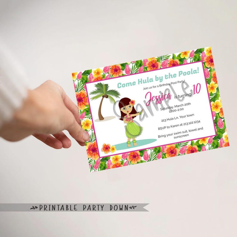 Hula Birthday Pool Party Invite | Hawaiian Luau Birthday Customize ...